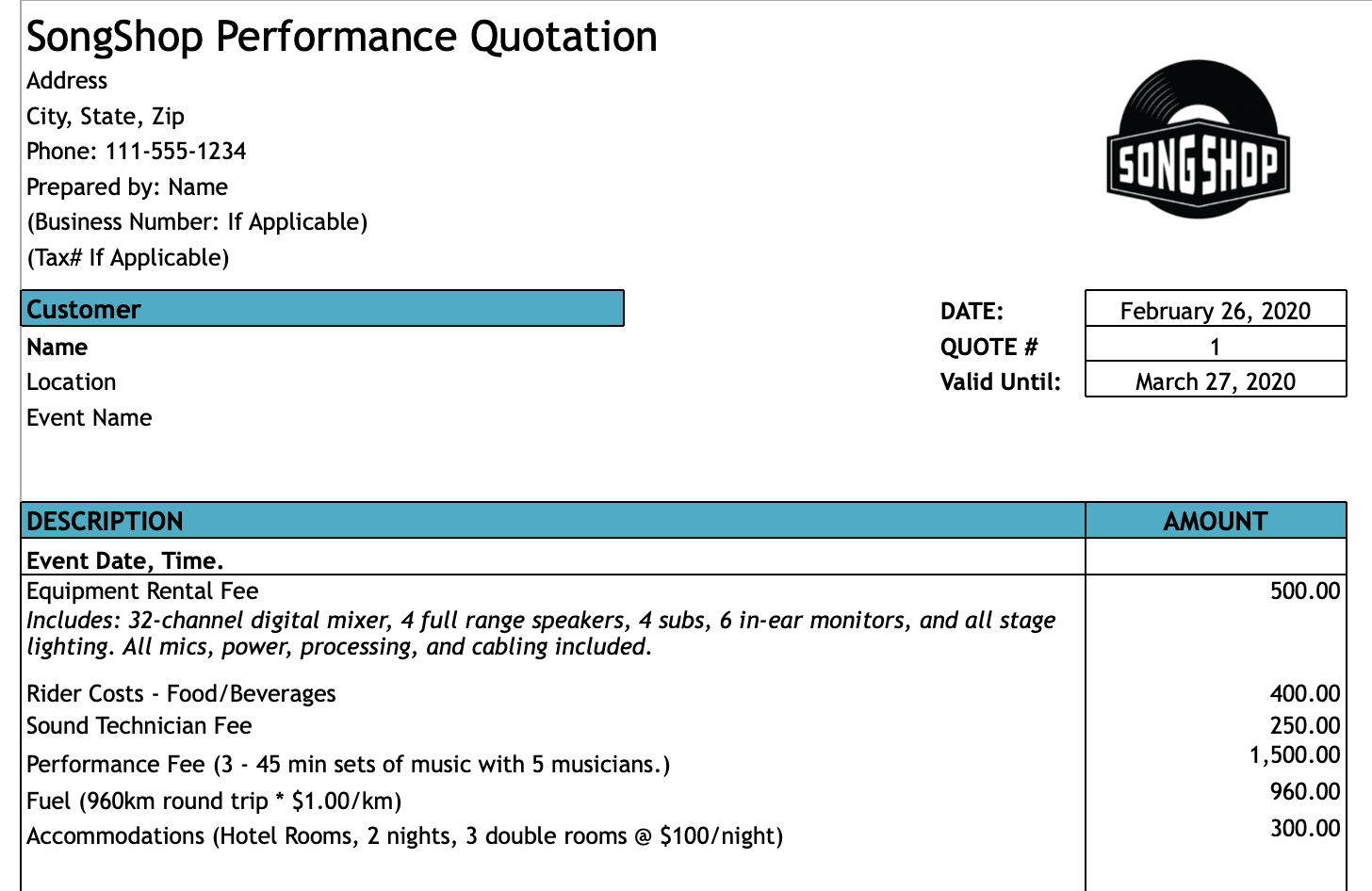 Quote Template - SongShop